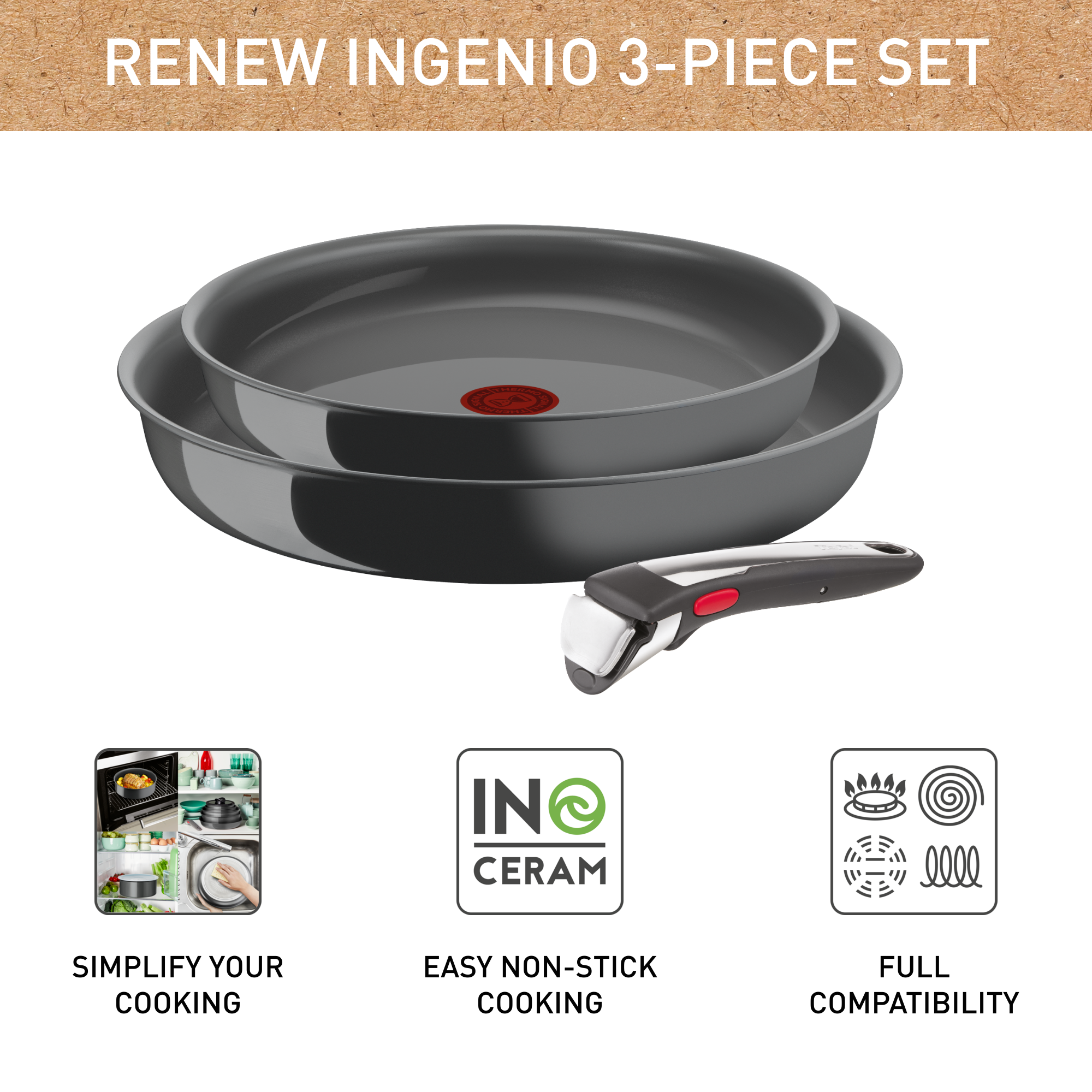 Ingenio Renew ON 3-delige set (koekenpan 24/28 cm, handgreep ...