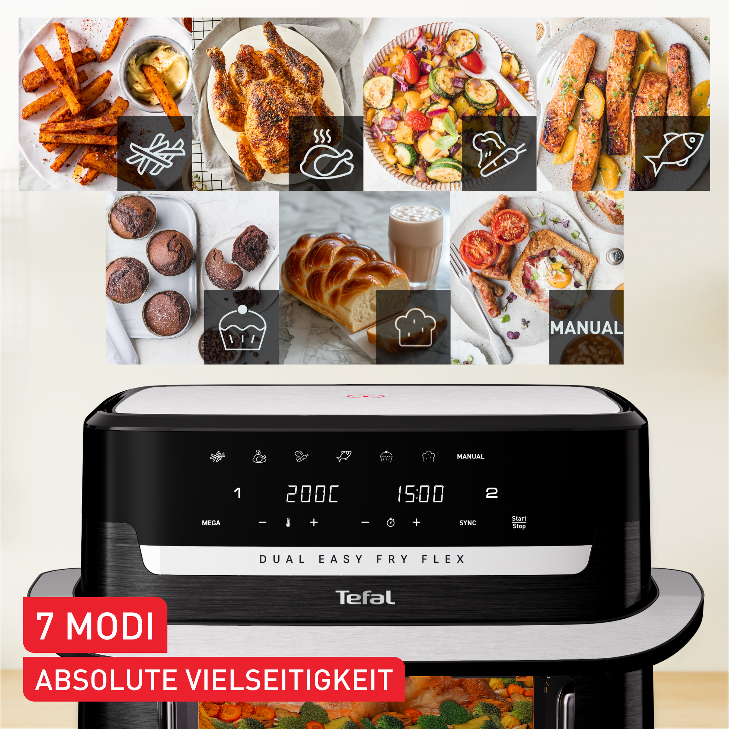 Dual Easy Fry Flex, Heißluftfritteuse, FlexCook Trennwand, 9L, EY9228 ...