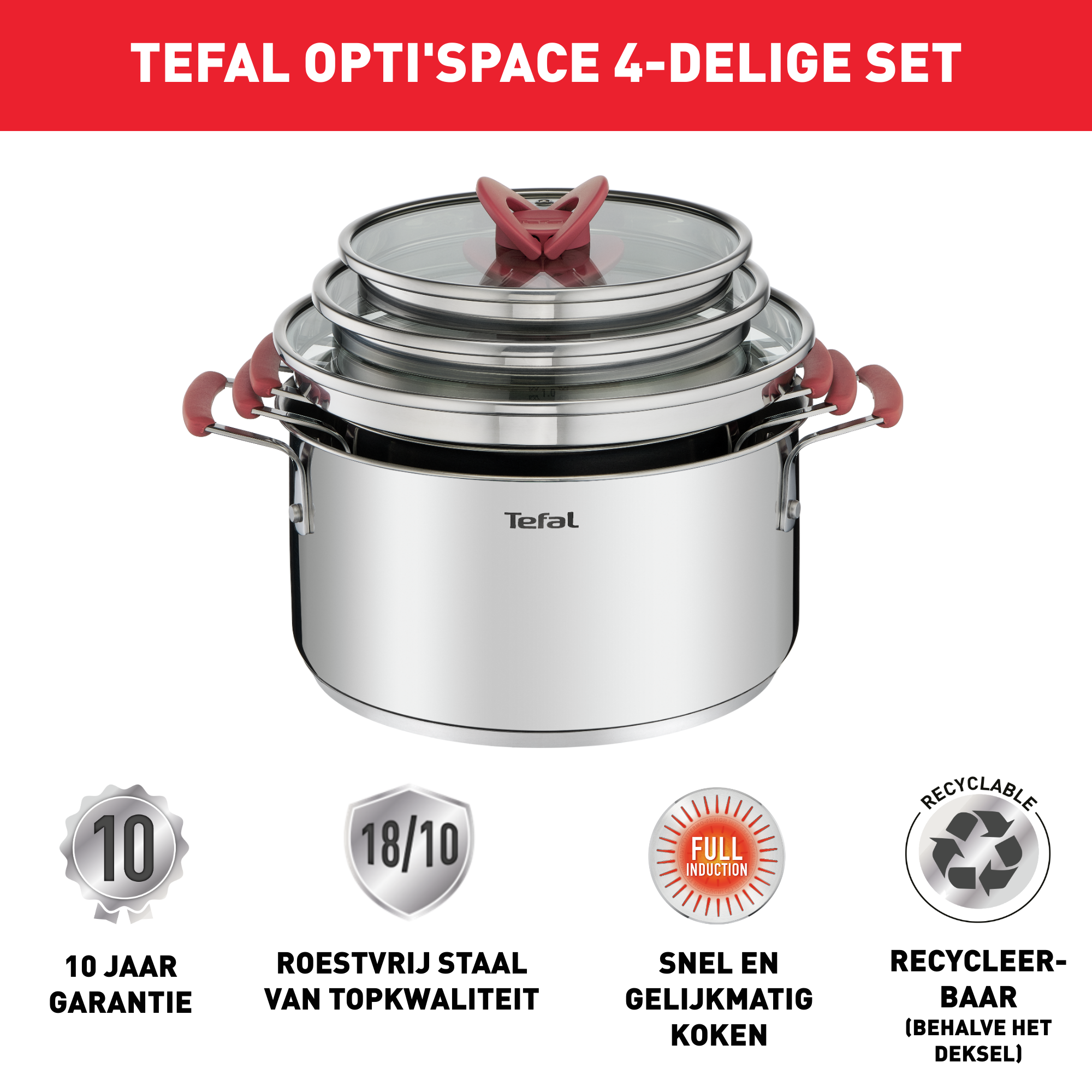 Opti'Space G720S674 Set van 3 kookpotten 18/20/24 cm + deksels - Inductie | Tefal